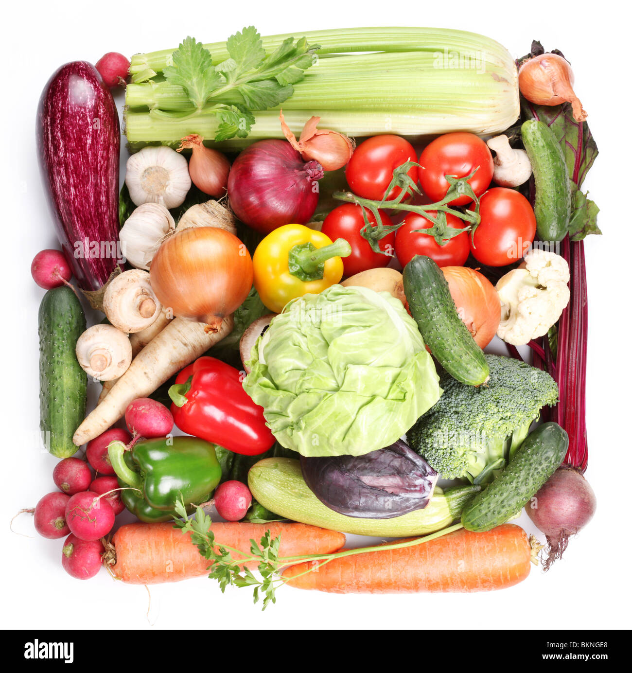 With vegetables in a square. Isolated on white background Stock Photo ...