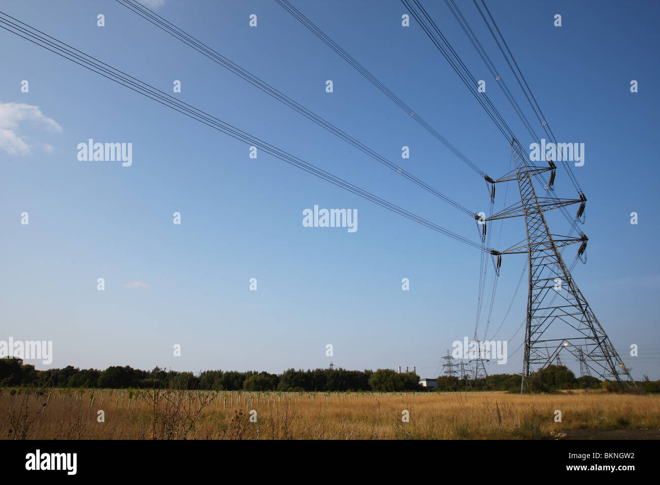Electricity pylon against blue sky in Dobbs Weir, Hoddesdon ...