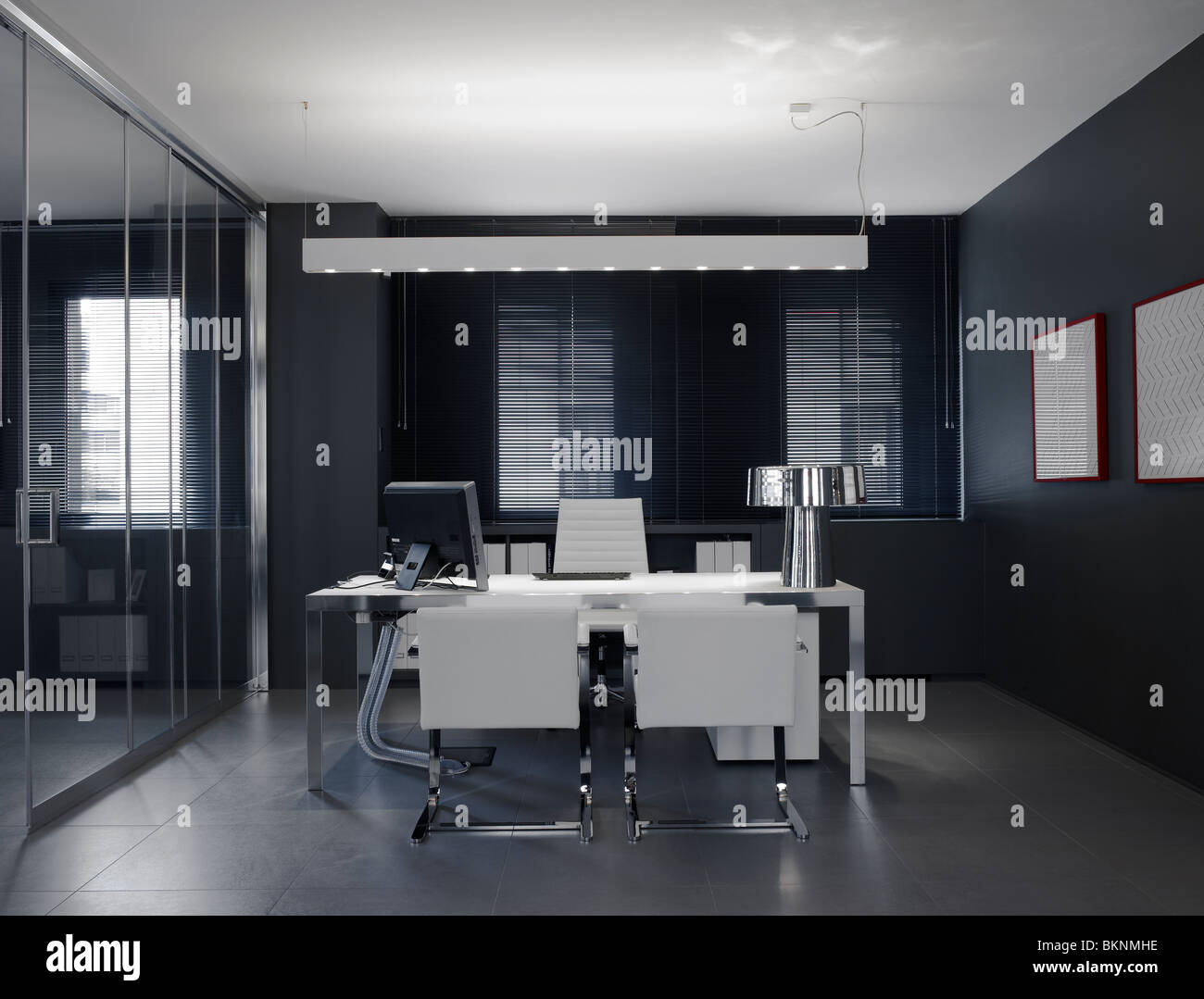 Office environment with tables, desks, chairs and computers Stock Photo ...