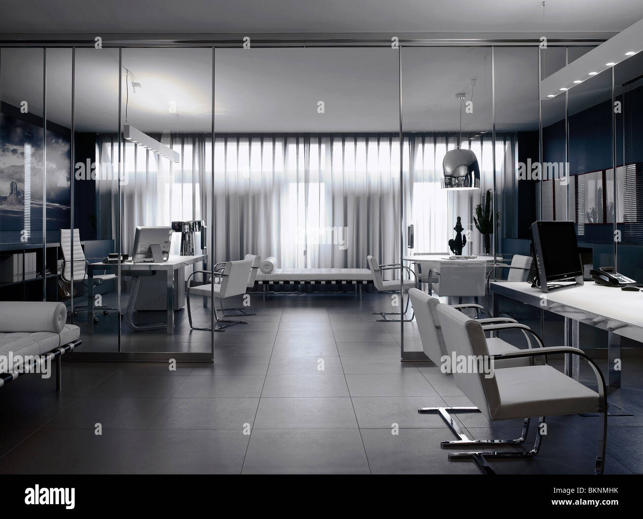 Office environment with tables, desks, chairs and computers Stock Photo ...