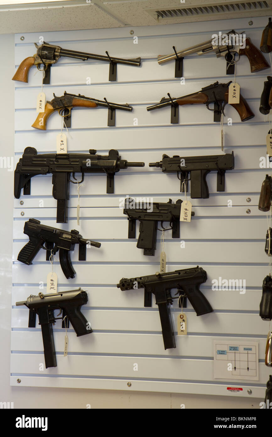 Gun reference wall at ballistics unit of a forensic crime lab. Nebraska ...