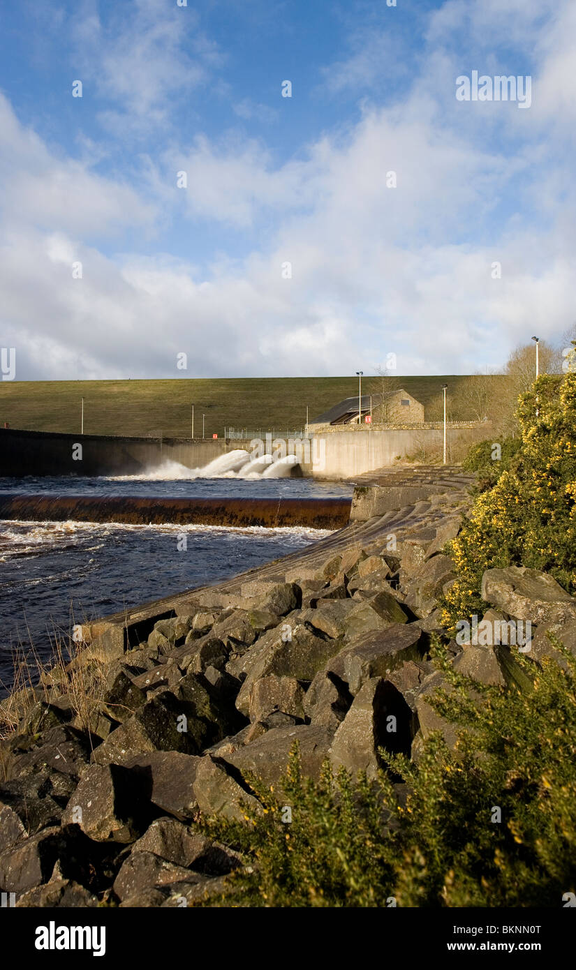 Kielder Water Reservoir Dam stilling basin and weir with water ...