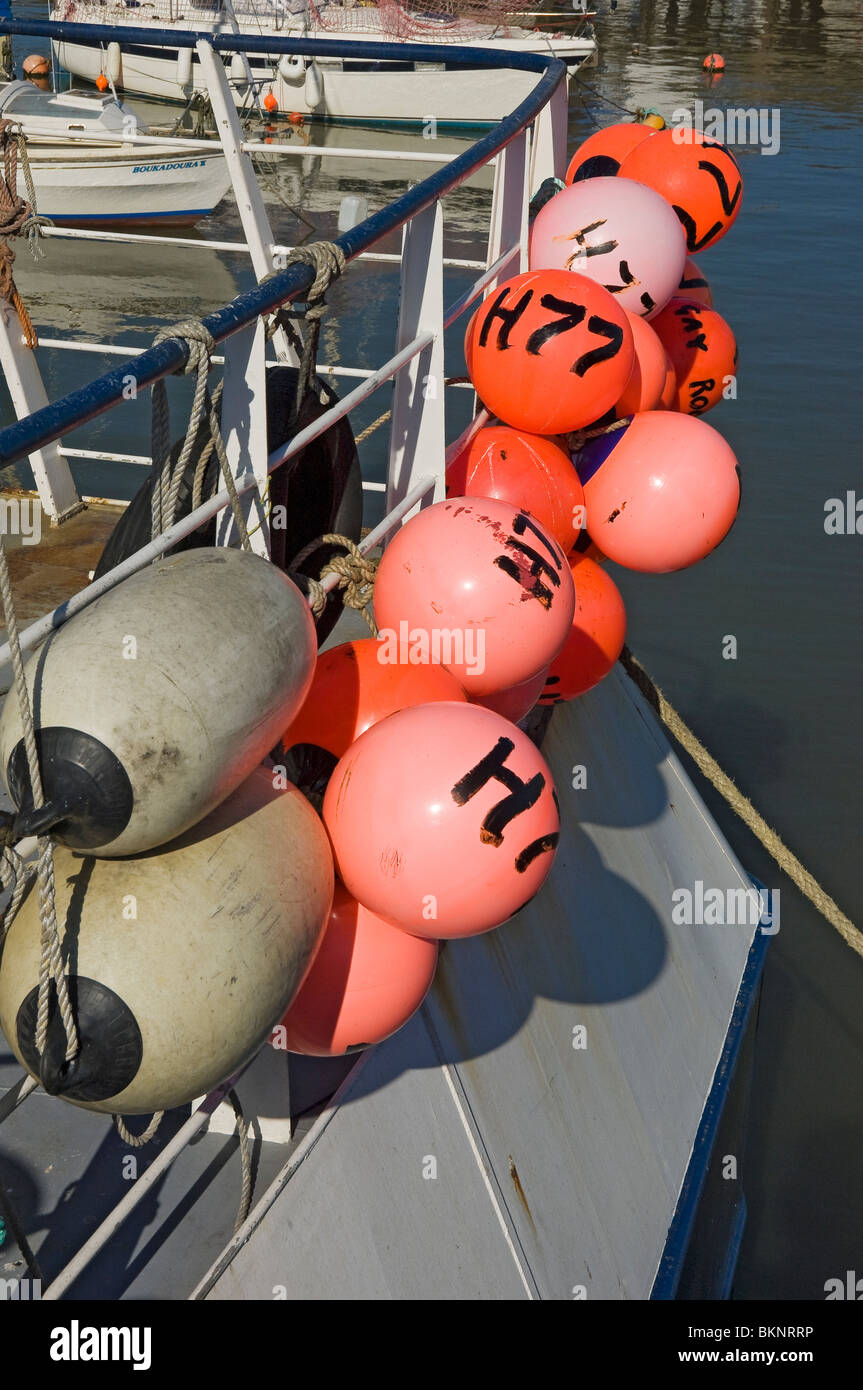 Close up of fishing floats attached to trawler boat Bridlington East ...