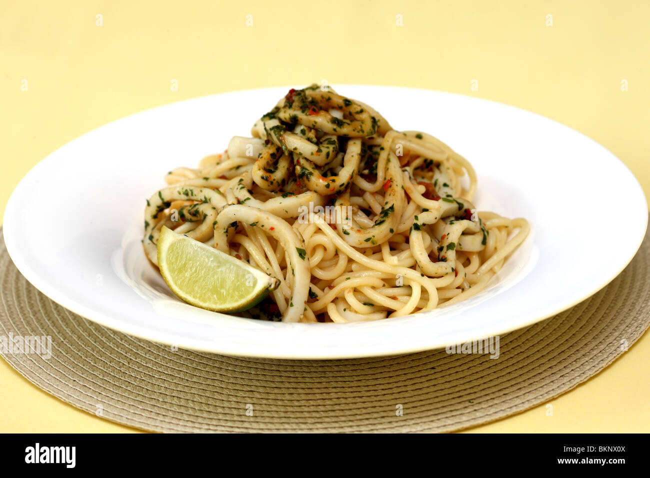 Fresh Italian Style Calamari Seafood And Spaghetti Pasta Meal Isolated ...