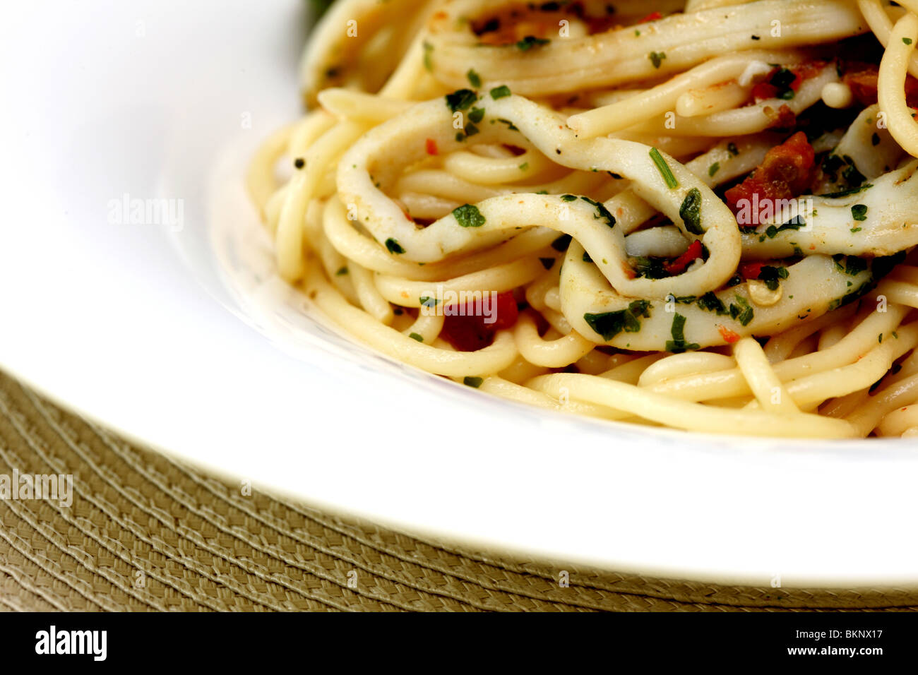 Fresh Italian Style Calamari Seafood And Spaghetti Pasta Meal Isolated ...