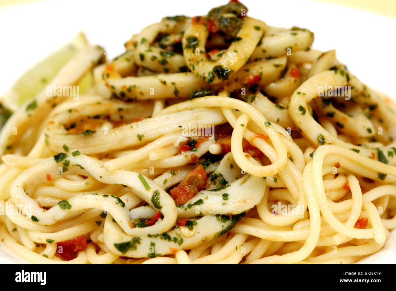 Fresh Italian Style Calamari Seafood And Spaghetti Pasta Meal Isolated ...