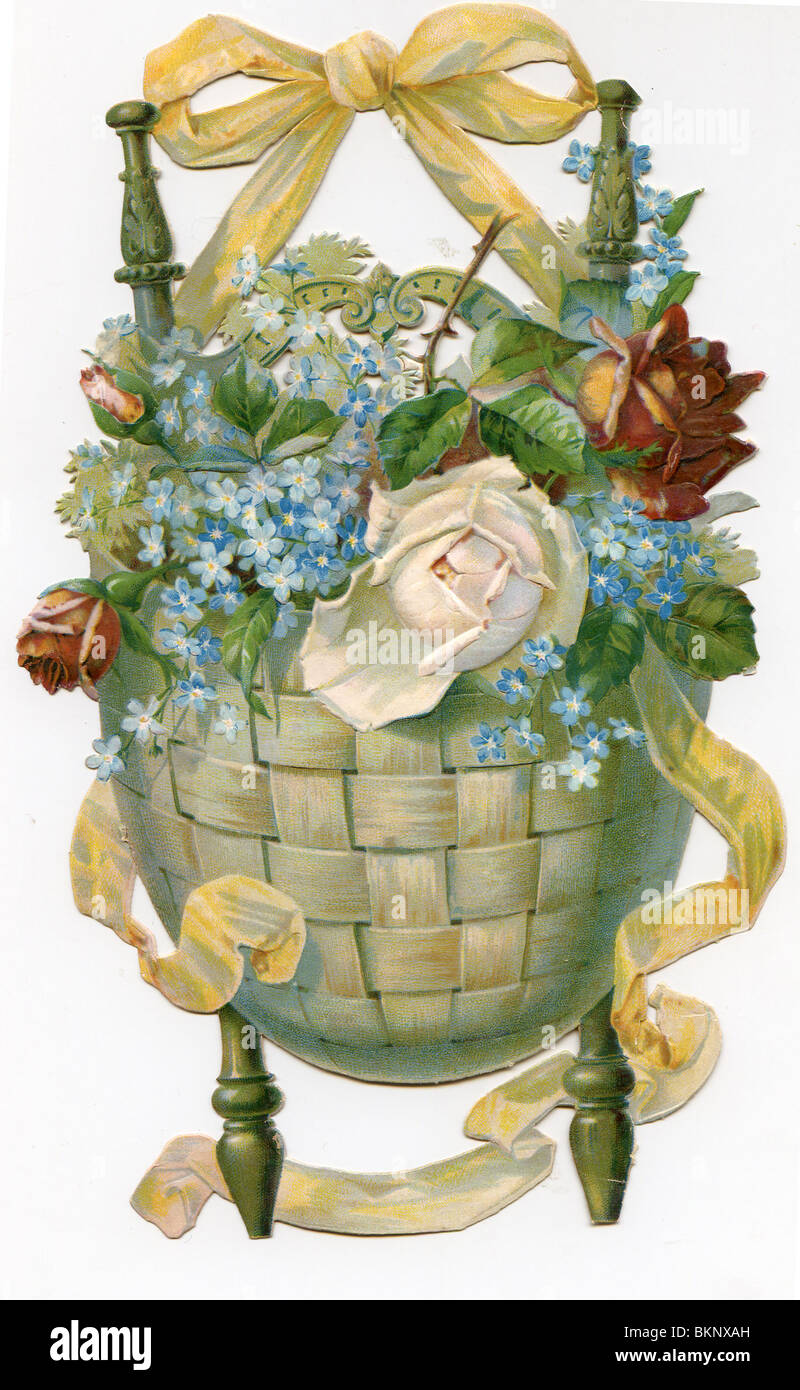 Rose Basket with Forget-Me-Nots and Yellow Ribbon Bow Stock Photo - Alamy