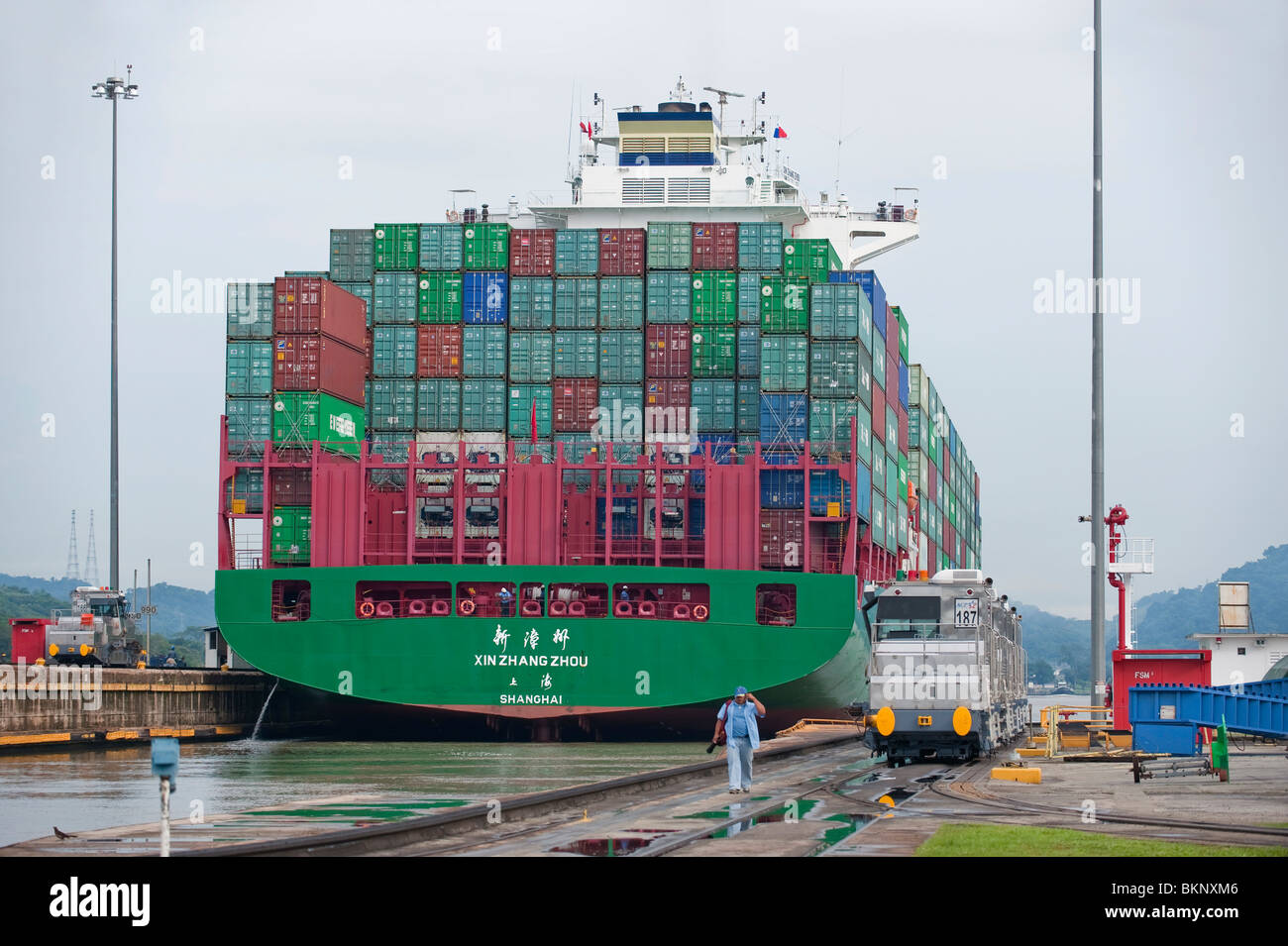 A Panamax Container Ship Transits Miraflores Locks, Panama Canal Stock ...