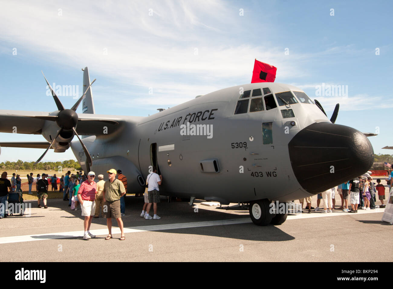A hurricane hunter aircraft of the US airforce stands on display at the ...