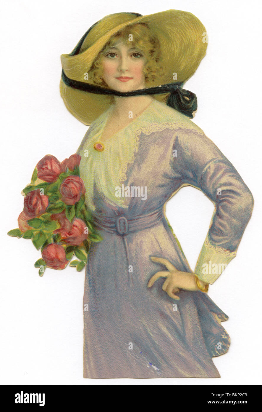 Pretty Young Lady in Summer Bonnet, Carrying a Bunch of Roses Stock ...