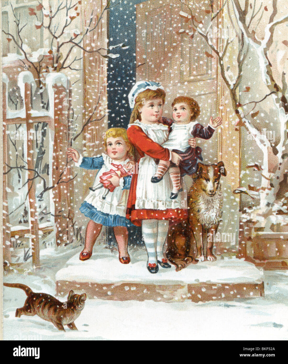 Children Standing on the Doorstep Watching the Snow Stock Photo - Alamy