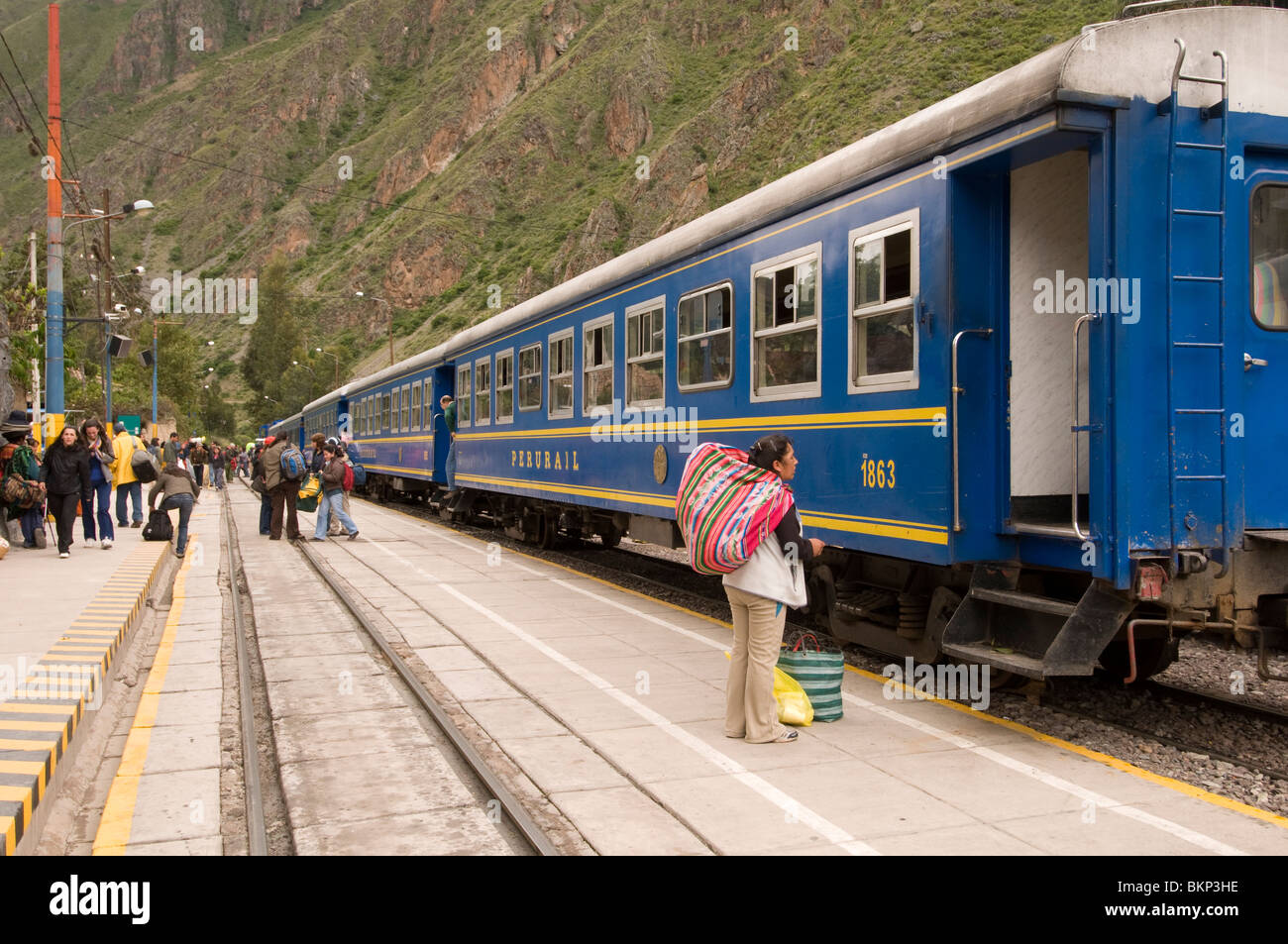 Peru rail train at Ollaytamtambo station on the way to Machu Picchu ...