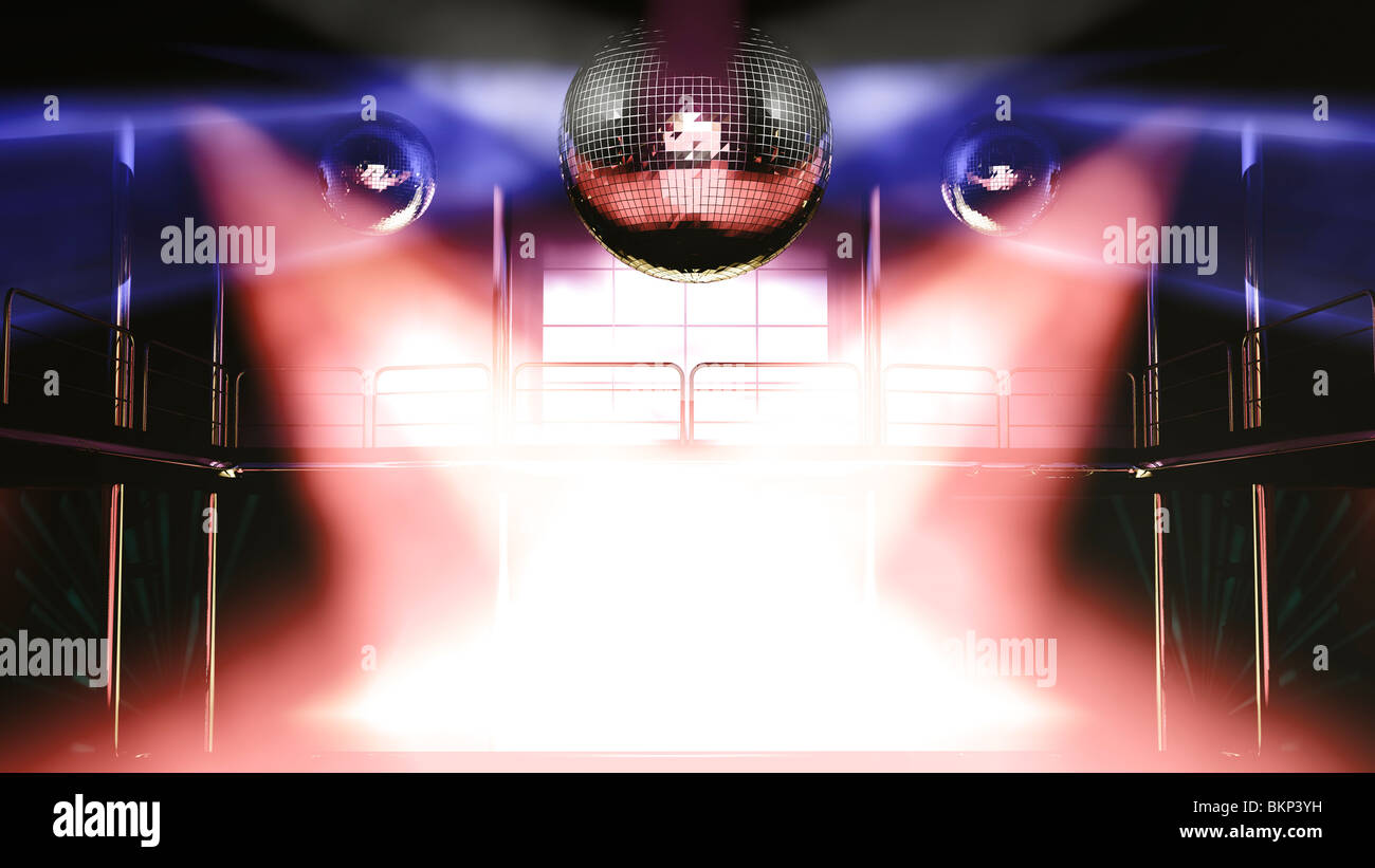 Night club interior with colorful spot lights and shining mirror disco ...