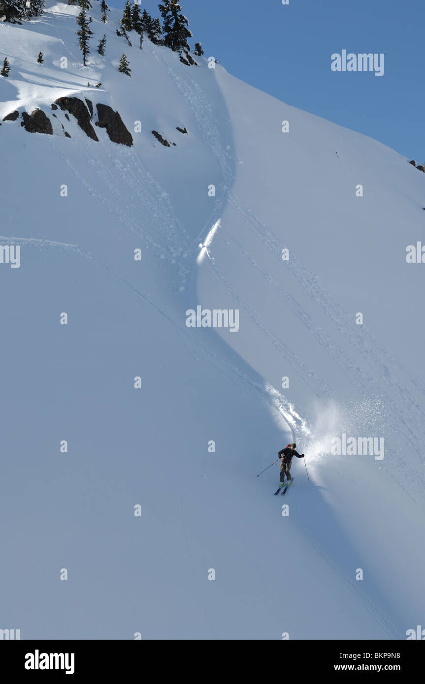 A skier in a pool of sunlight skiing off piste powder snow in the Mount ...