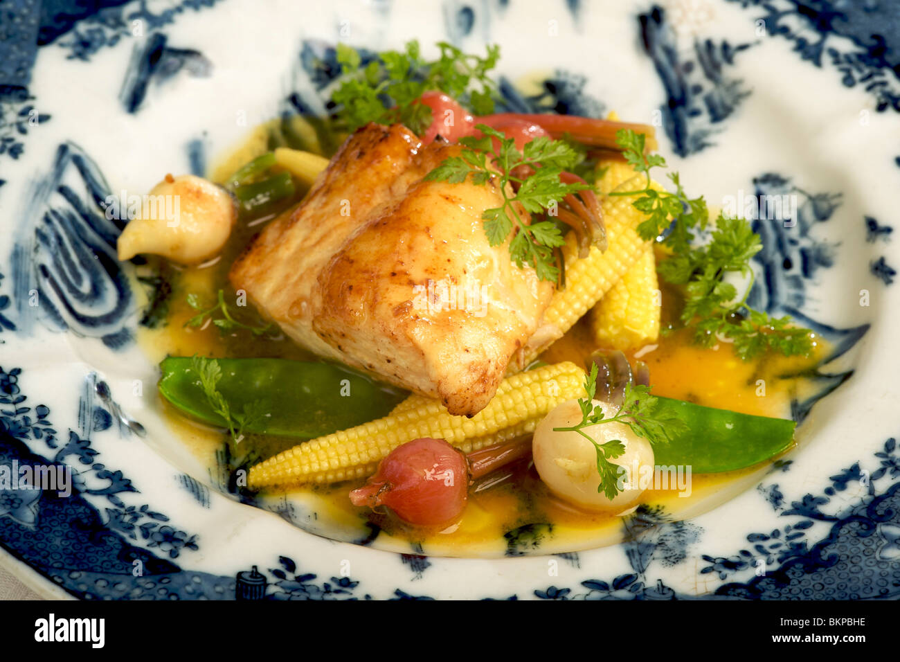 Miso marinade king klip fish with turnips, breakfast radish, corn ...