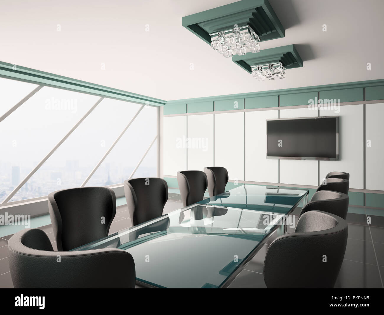 Modern boardroom with lcd and glass table interior 3d Stock Photo - Alamy