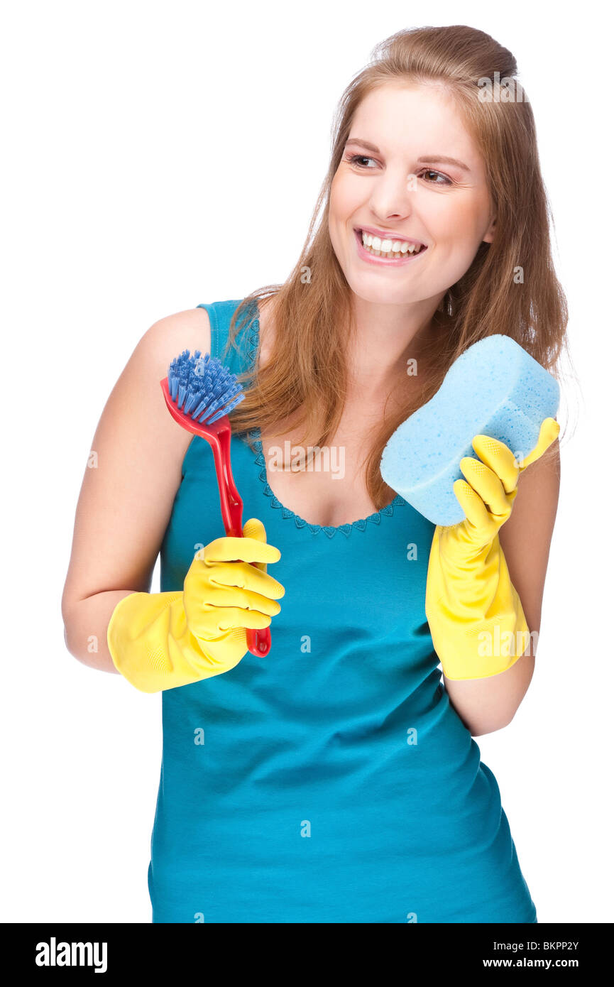 Full isolated studio picture from a young and beautiful cleaning lady ...