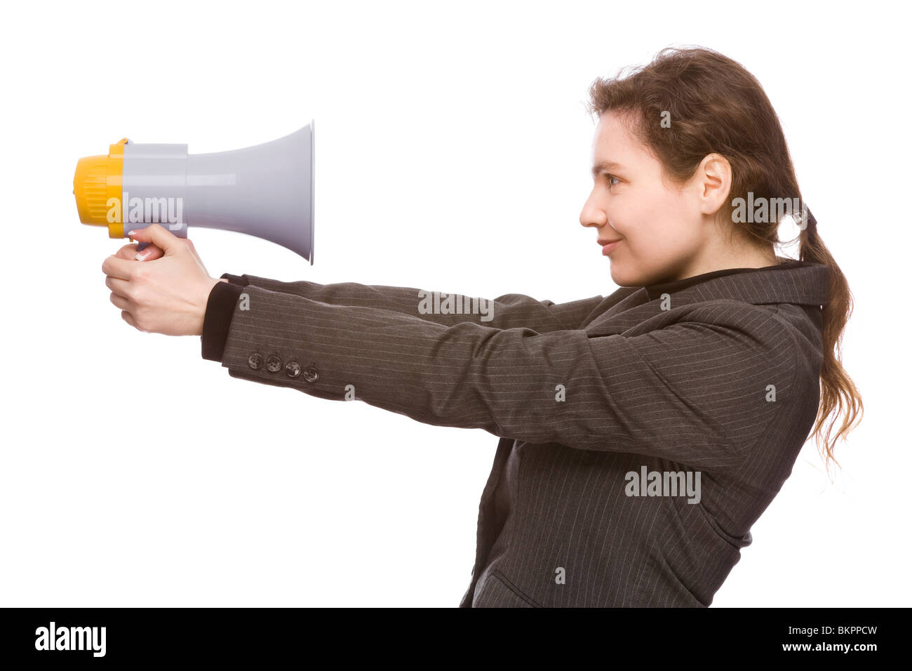 Full isolated studio picture from a business woman with bullhorn Stock ...
