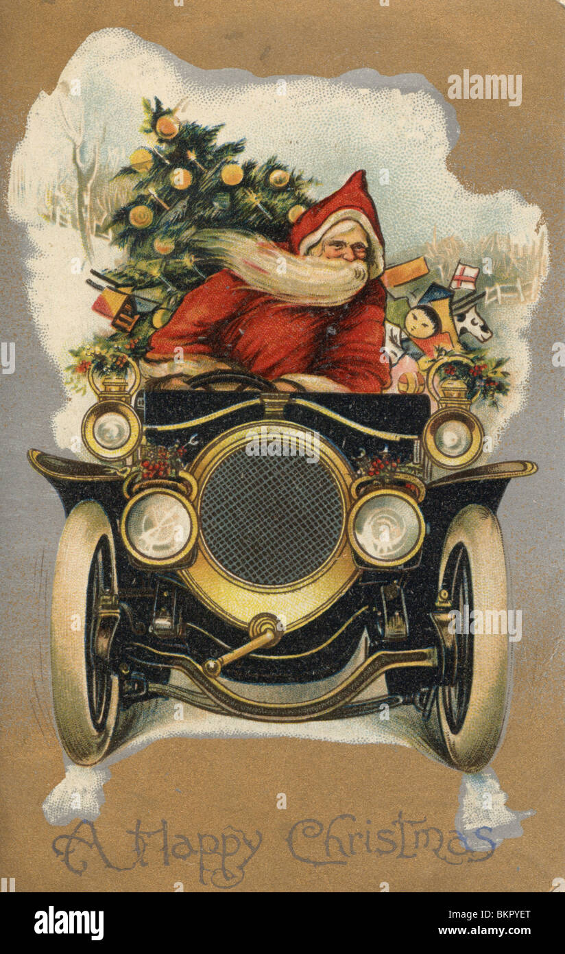Father Christmas Driving His Car with a Christmas Tree and Toys in the ...