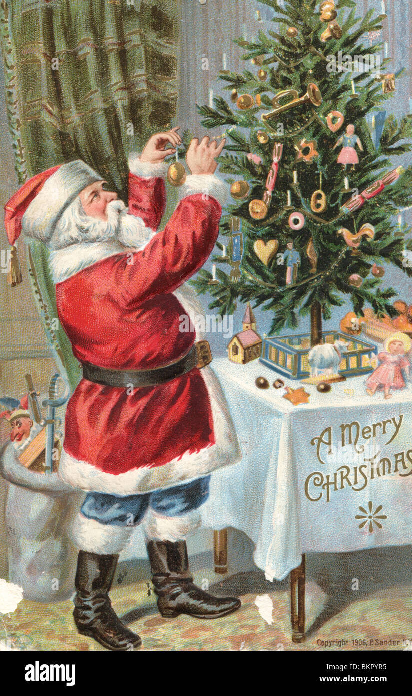 Father Christmas Decorating the Christmas Tree Stock Photo - Alamy