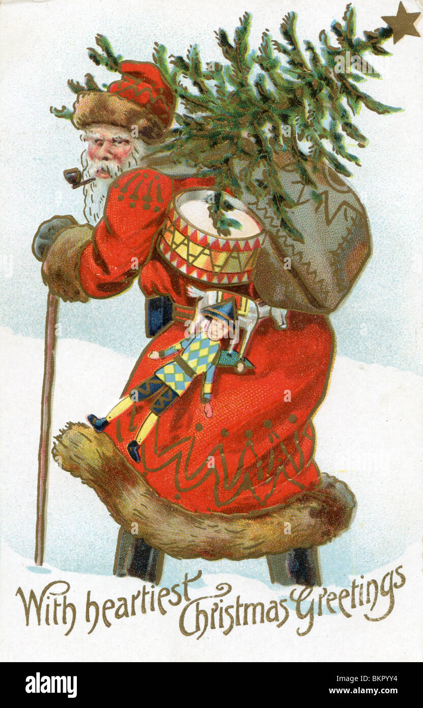 Father Christmas Carrying the Christmas Tree and Sack of Toys Stock ...