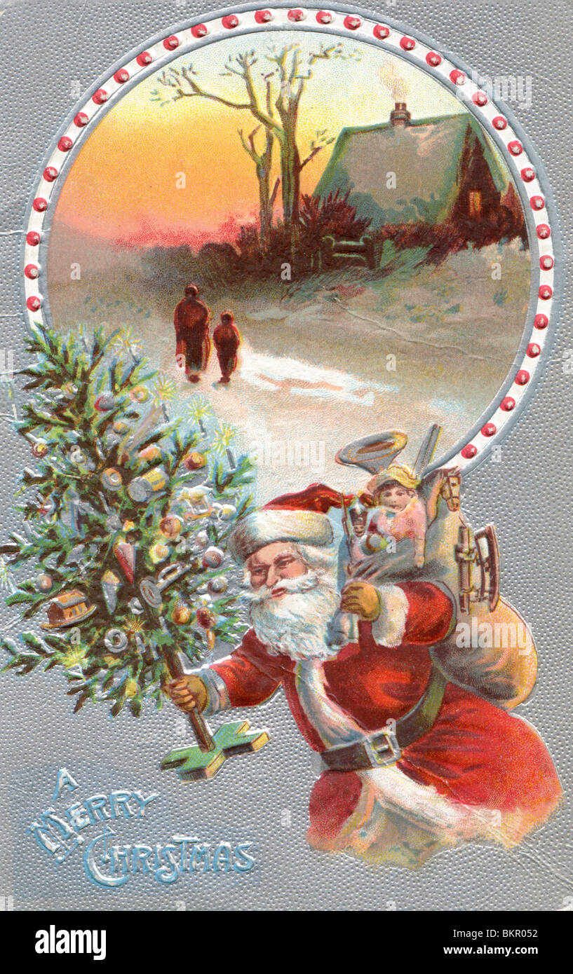 Father Christmas with Christmas Tree and Sack of Toys Stock Photo - Alamy