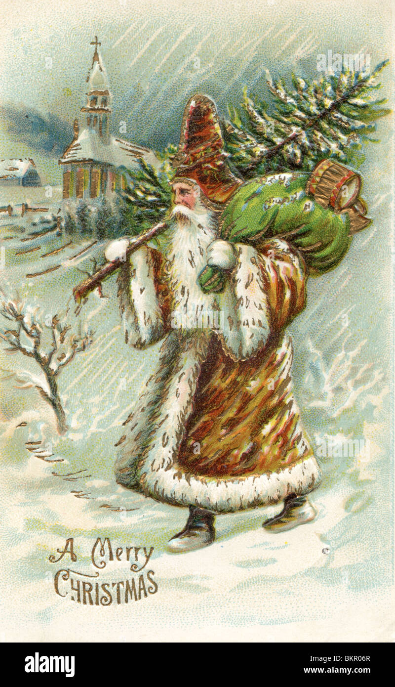 Father Christmas with Christmas Tree and Sack Stock Photo - Alamy