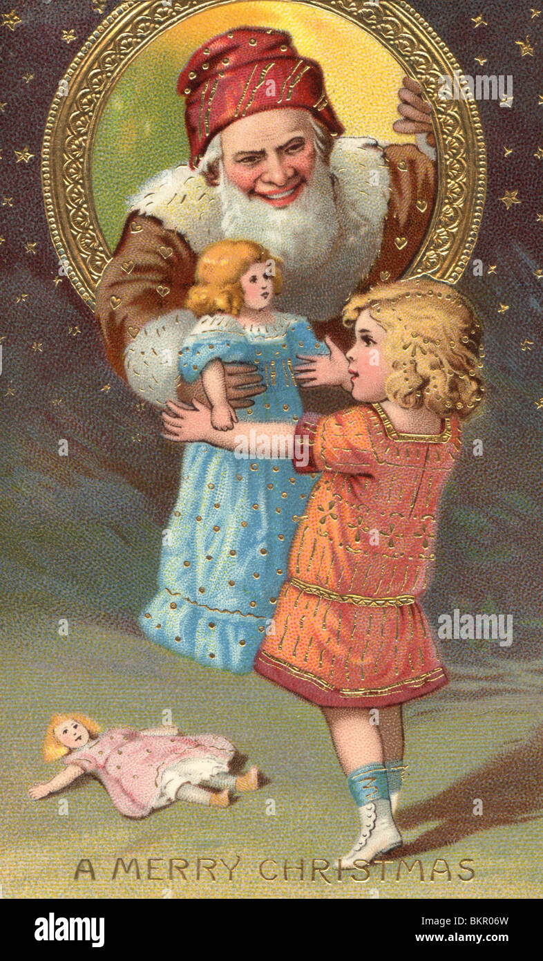Father Christmas Passes a Doll to the Little Girl Stock Photo - Alamy