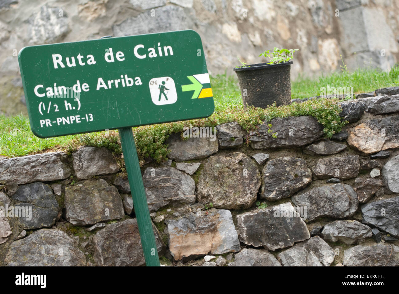 Sign in the village of Cain at the start of the Cares Gorge walk. Picos ...