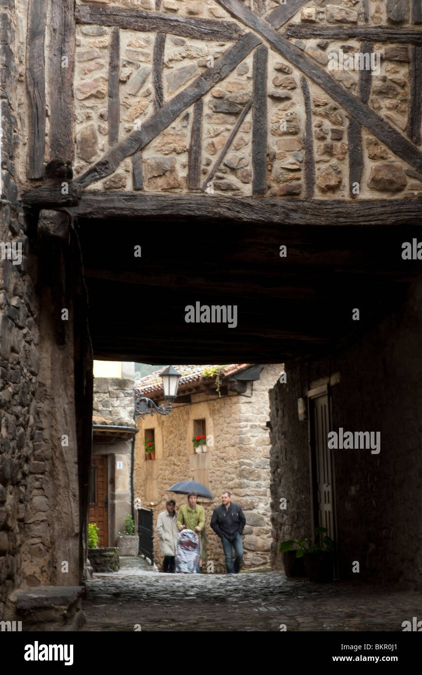 Covered walkway, Town of Potes, Picos de Europa, Northern Spain Stock ...