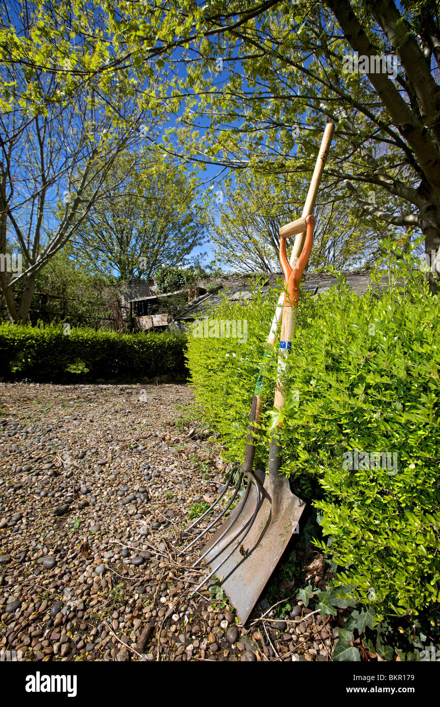 Fork & spade in a garden Stock Photo - Alamy