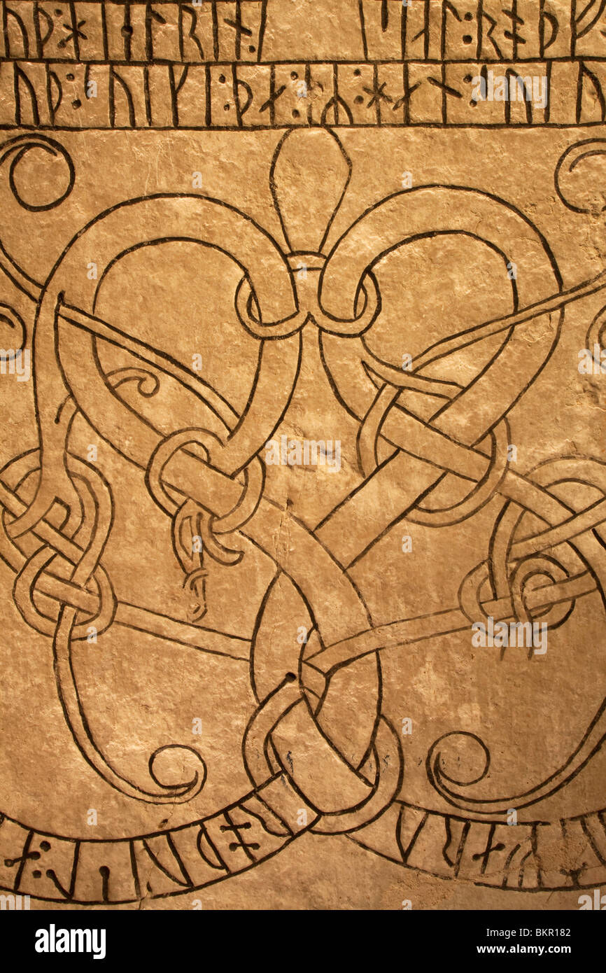 Sweden, Island of Gotland, Visby. Detail from Viking carved rune stones ...