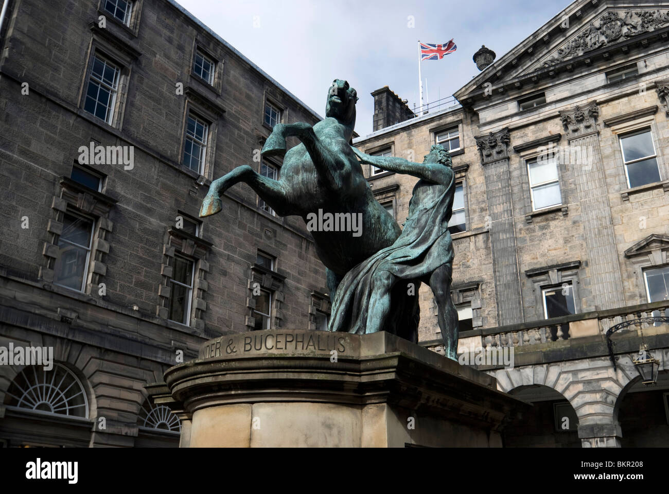 The statue of Alexander the Great taming his horse Bucephalus outsite ...