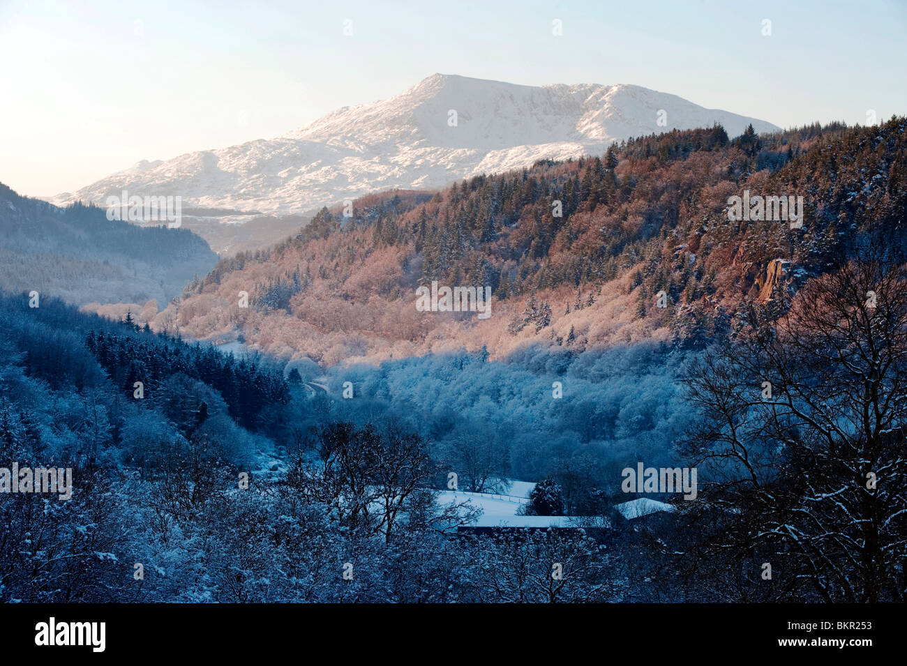 Wales, Gwynedd, Snowdonia. View west up the Lledr Valley towards Moel ...