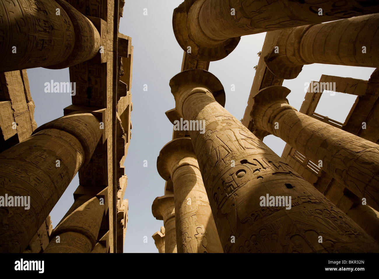 Egypt, Karnak. Looking up at the massive columns in the Great Hypostyle ...
