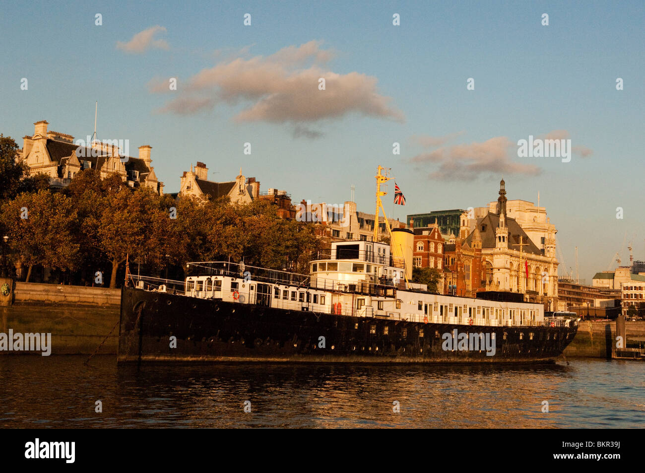 England, London, River Thames view of boat converted to a floating ...