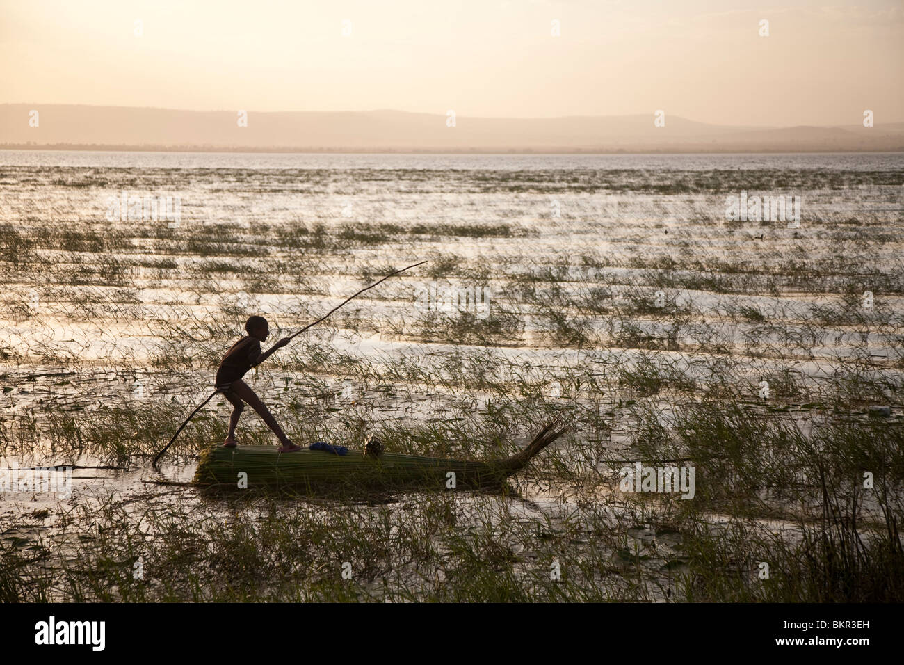Ethiopia, Lake Awassa. A young boy punts a traditional reed Tankwa ...