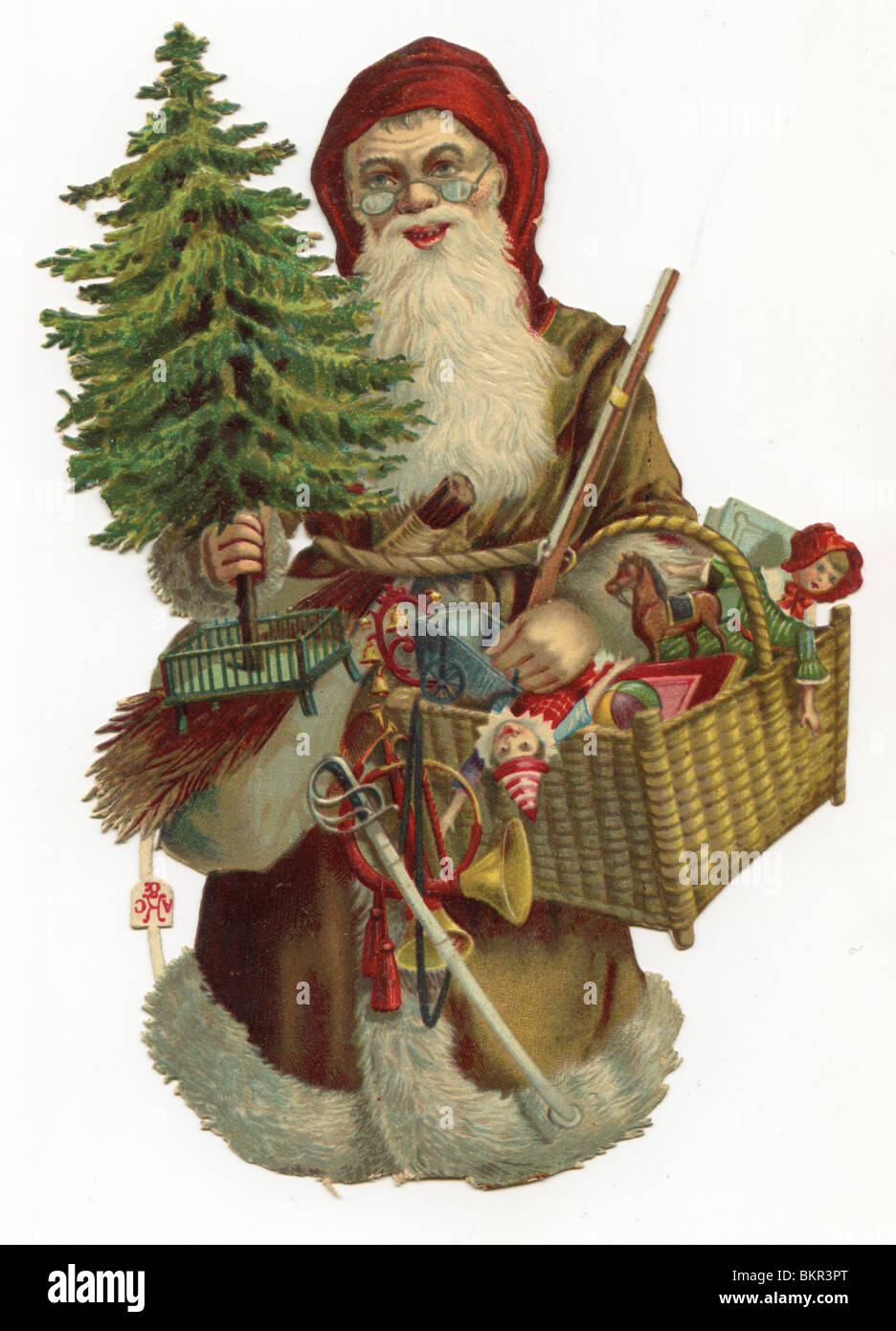 Father Christmas with Christmas Tree and Basket of Toys Stock Photo - Alamy