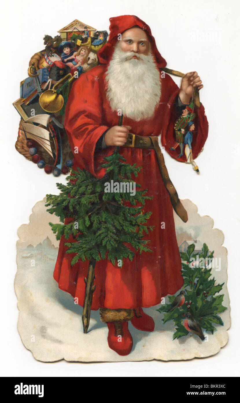 Father Christmas with Christmas Tree and Sack of Toys Stock Photo - Alamy