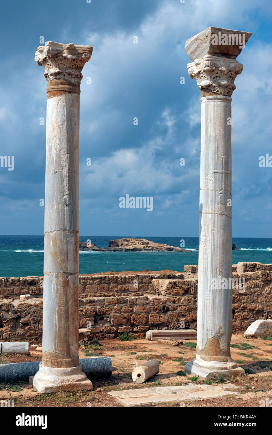 Libya, Cyrenaica, Apollonia. Columns from the byzantine basilica Stock ...
