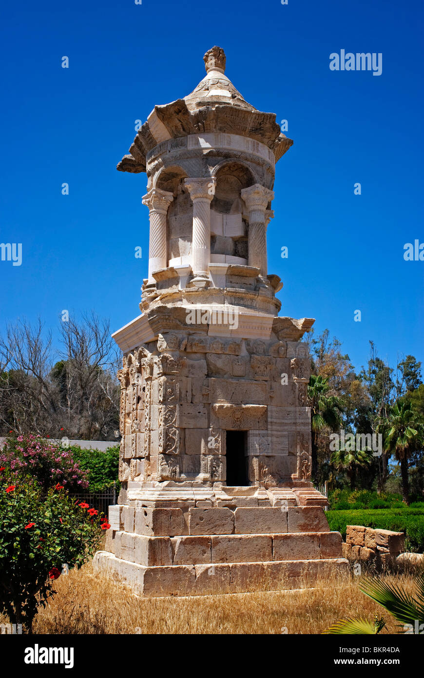Libya, Leptis Magna. A reconstructed mausoleum outside the museum at ...