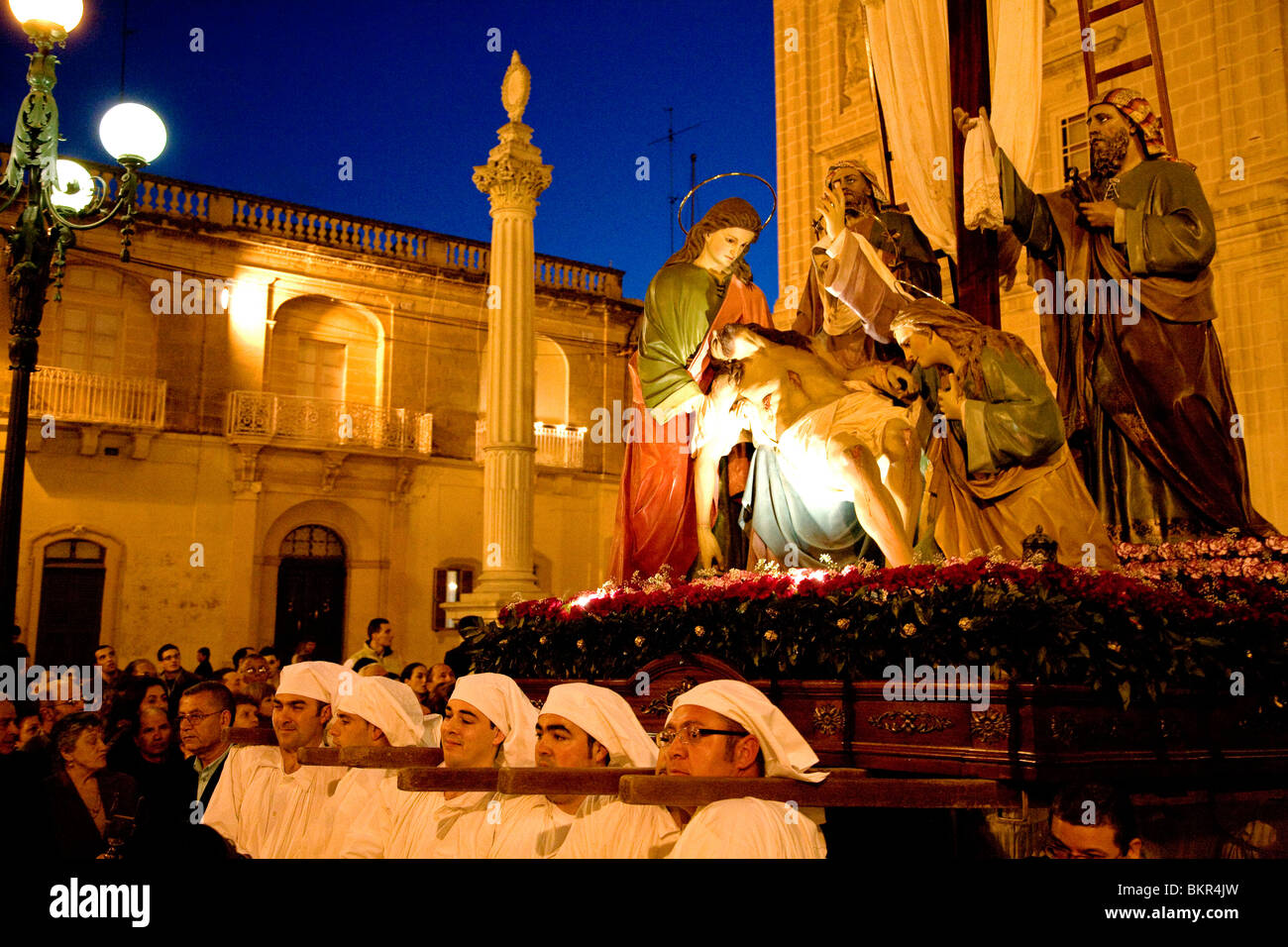 Europe, Malta, Qormi; A statue is carried depicting dead Christ's ...