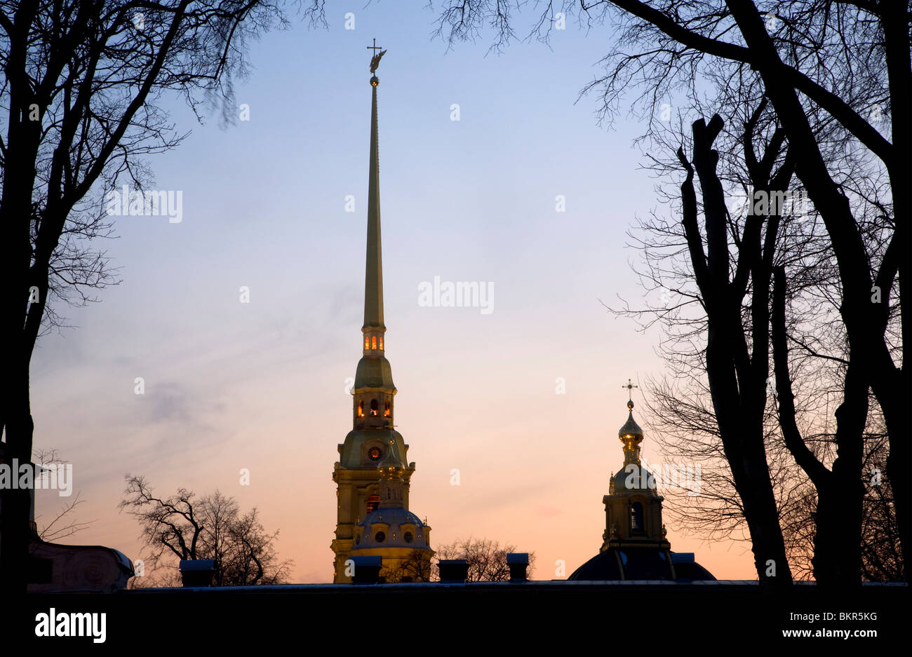 Russia, St.Petersburg; The pointed bell tower on the St.Peter's and St ...