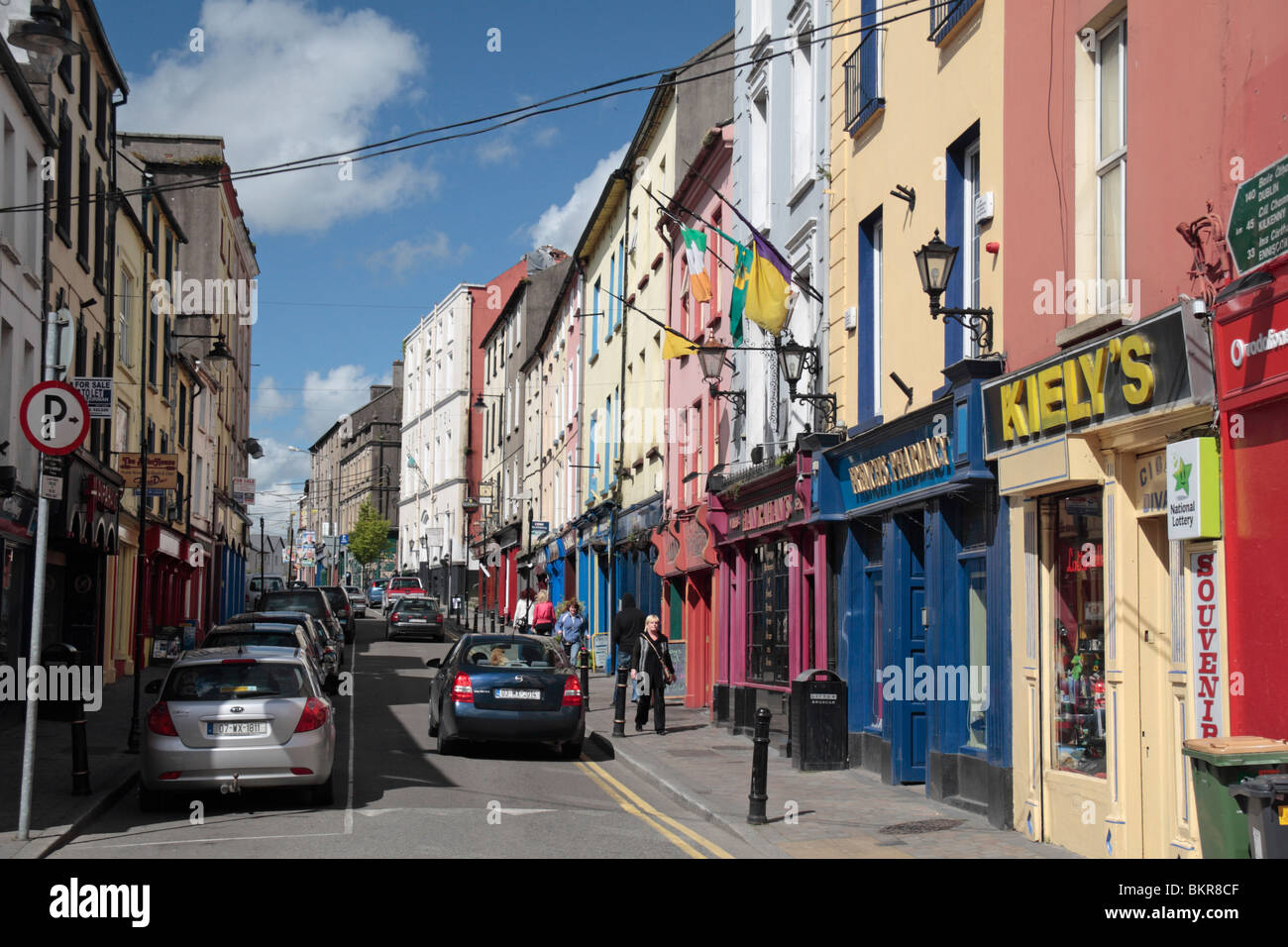 View showing the colourful shop fronts on North Street, New Ross Co ...