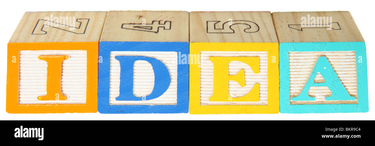 The word IDEA spelled with colorful alphabet blocks over white Stock ...