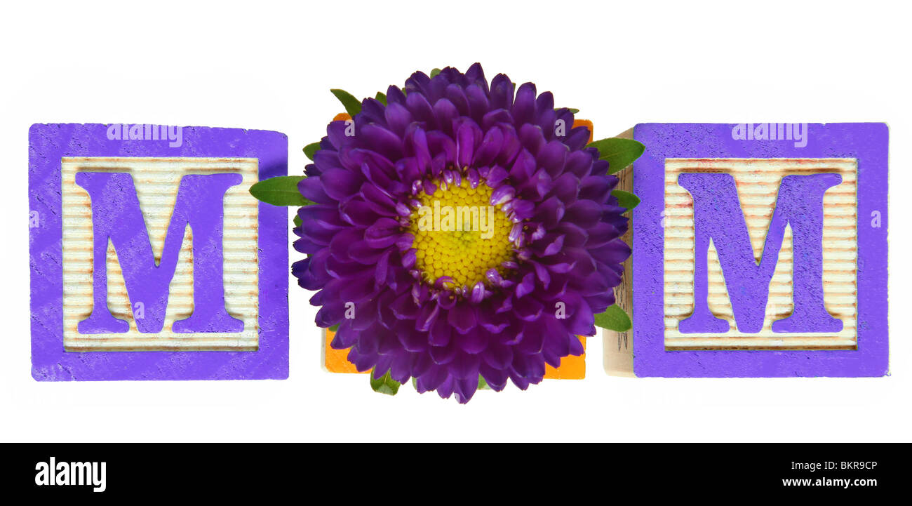 Alphabet blocks spelling out the word MOM. Flower on center block Stock ...