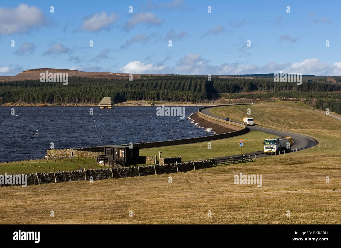 Kielder Water reservoir and dam with valve tower Stock Photo - Alamy