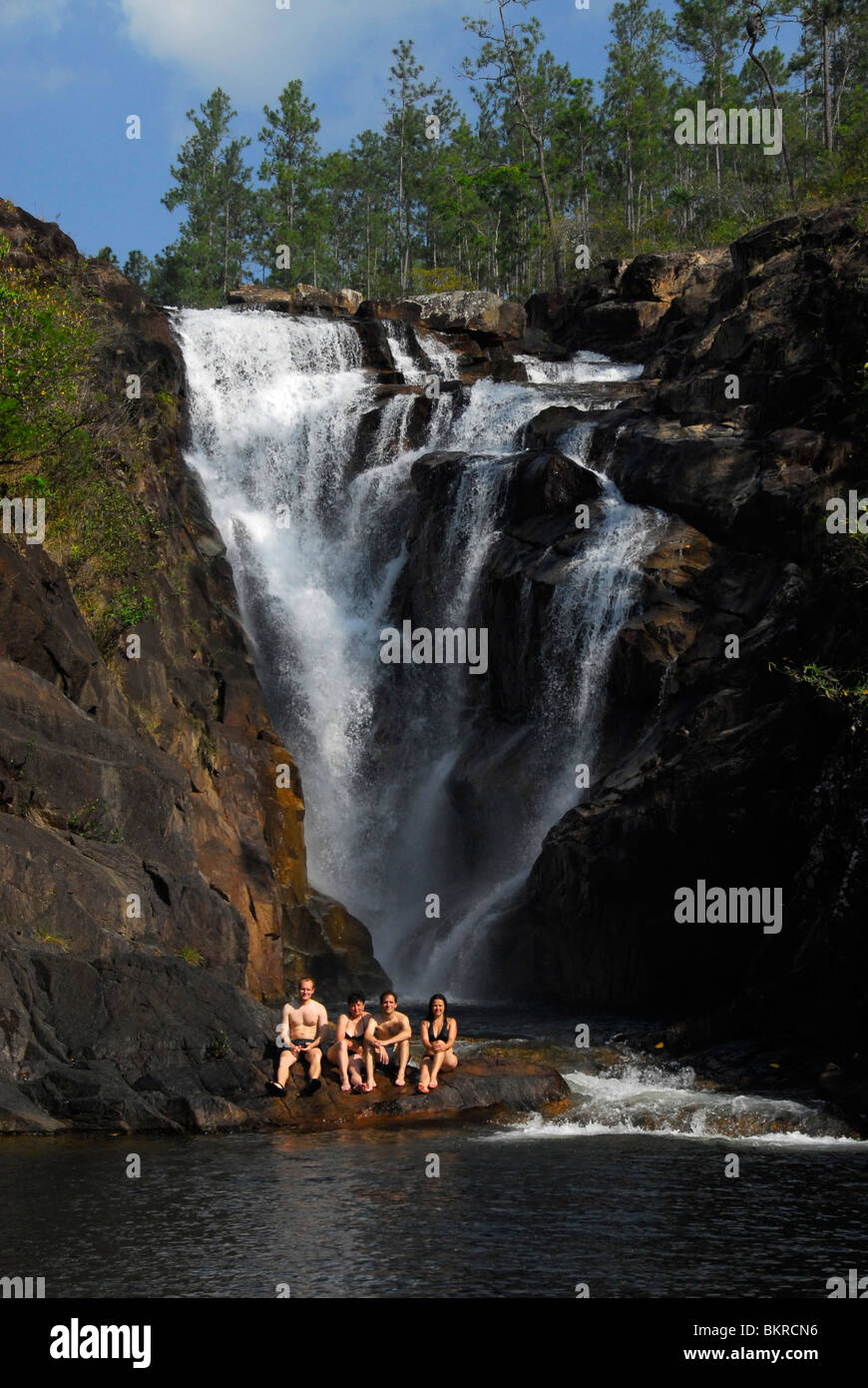 Tourists in Rio Frio waterfall area, Mountain Pine Ridge Forest Reserve ...