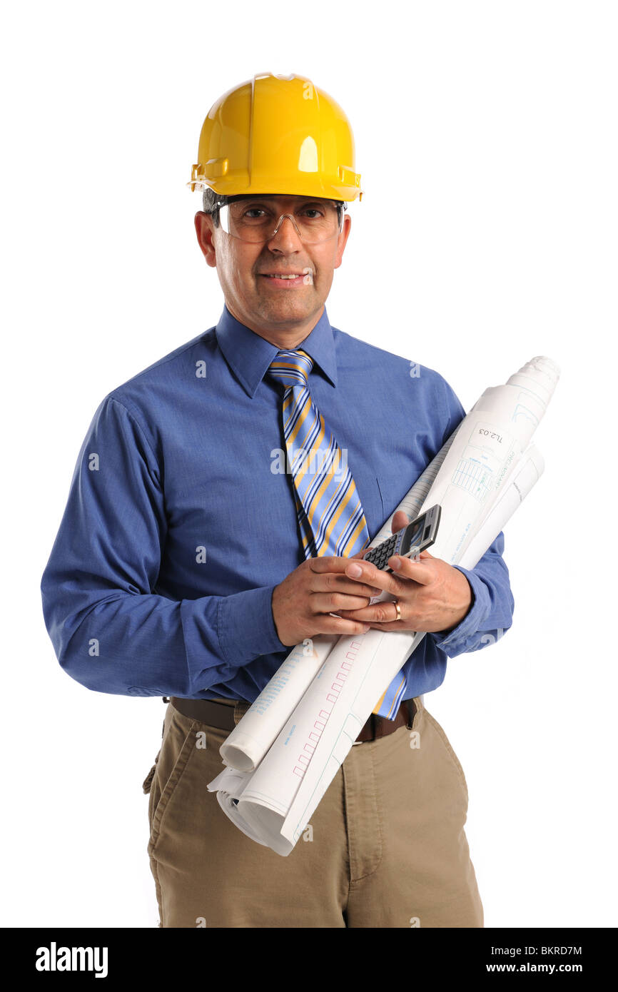Hispanic construction professional wearing hardhat isolated over white ...