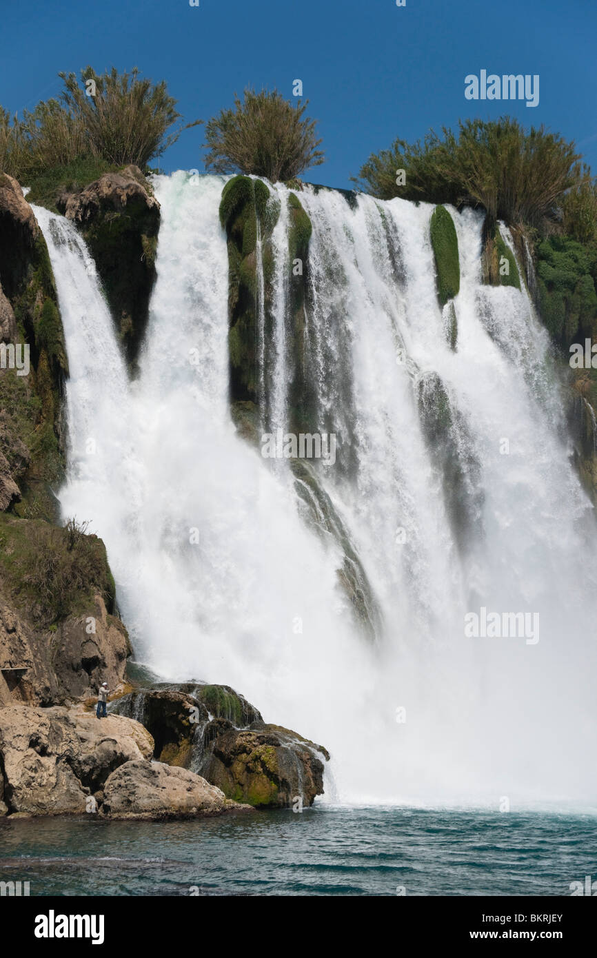 Düden lower waterfalls cascade in the sea at Antalya seen from boat ...